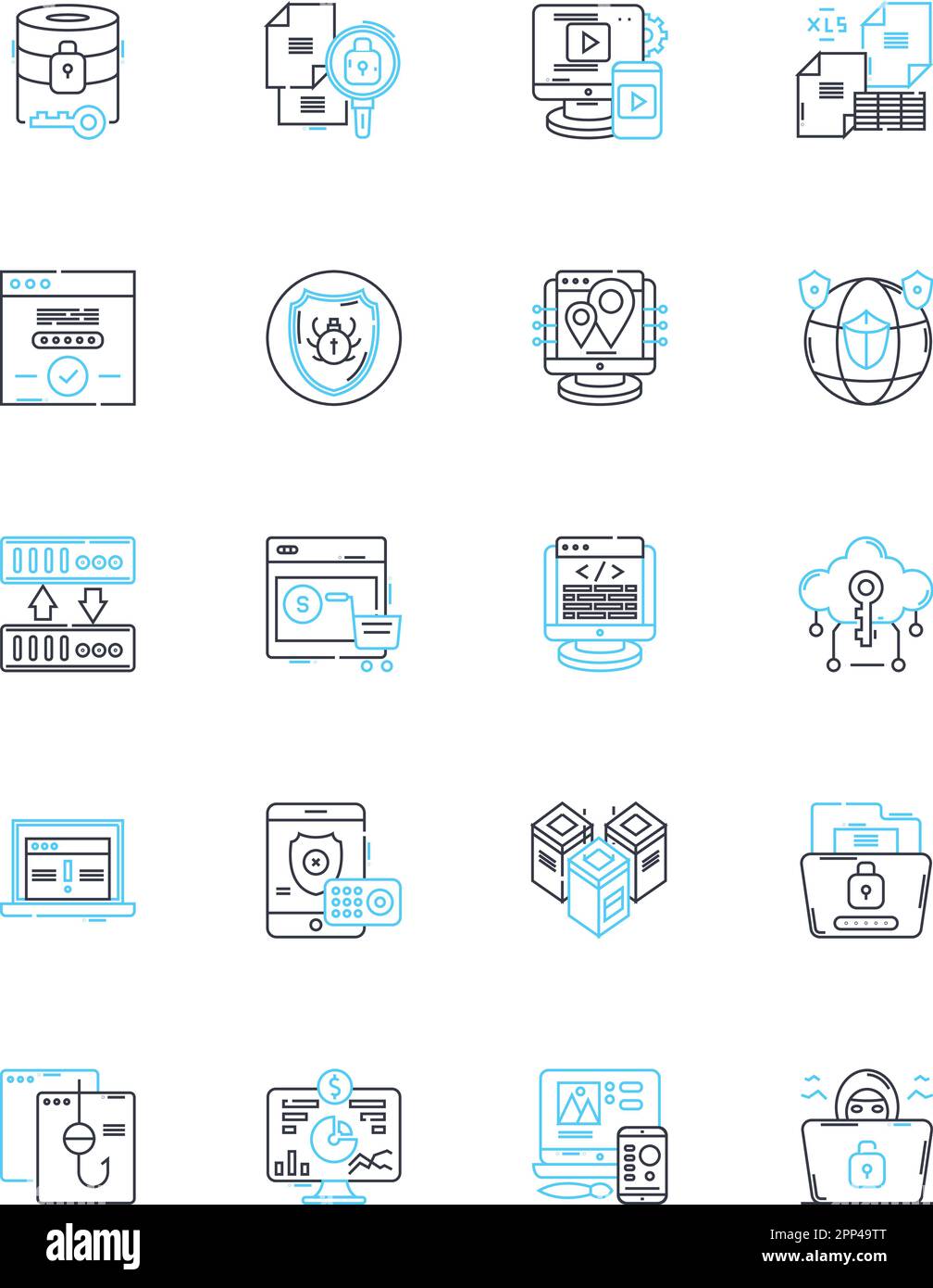 Lineare Symbole für Cyberabwehr gesetzt. Verschlüsselung, Firewall, Malware, Hacking, Antiviren ...