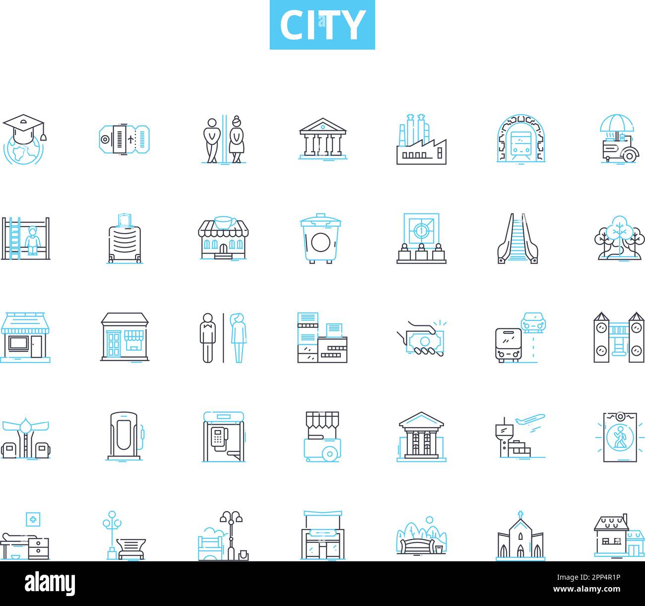Lineare Symbole für Stadt festgelegt. Wolkenkratzer, Kultur, Küche ...