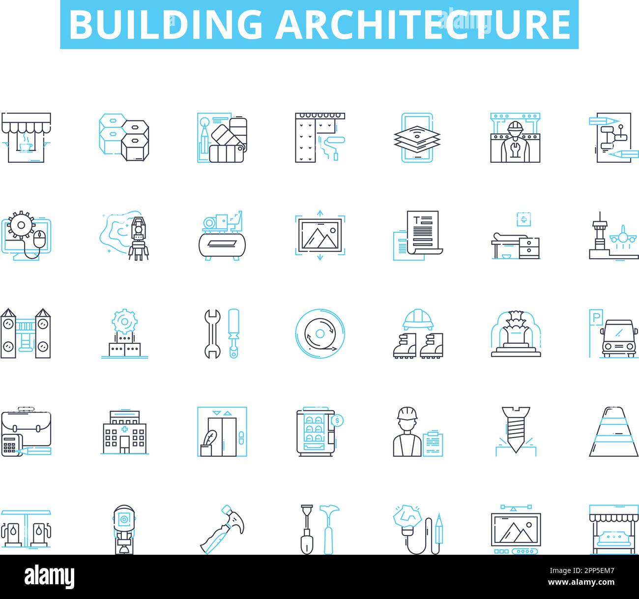 Lineare Symbolgruppe für Gebäudearchitektur. Wolkenkratzer, Bauplan ...