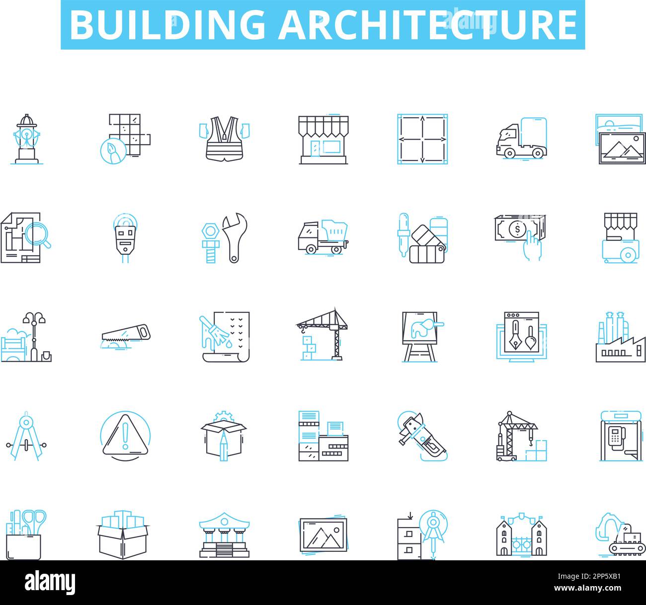 Lineare Symbolgruppe für Gebäudearchitektur. Wolkenkratzer, Bauplan ...