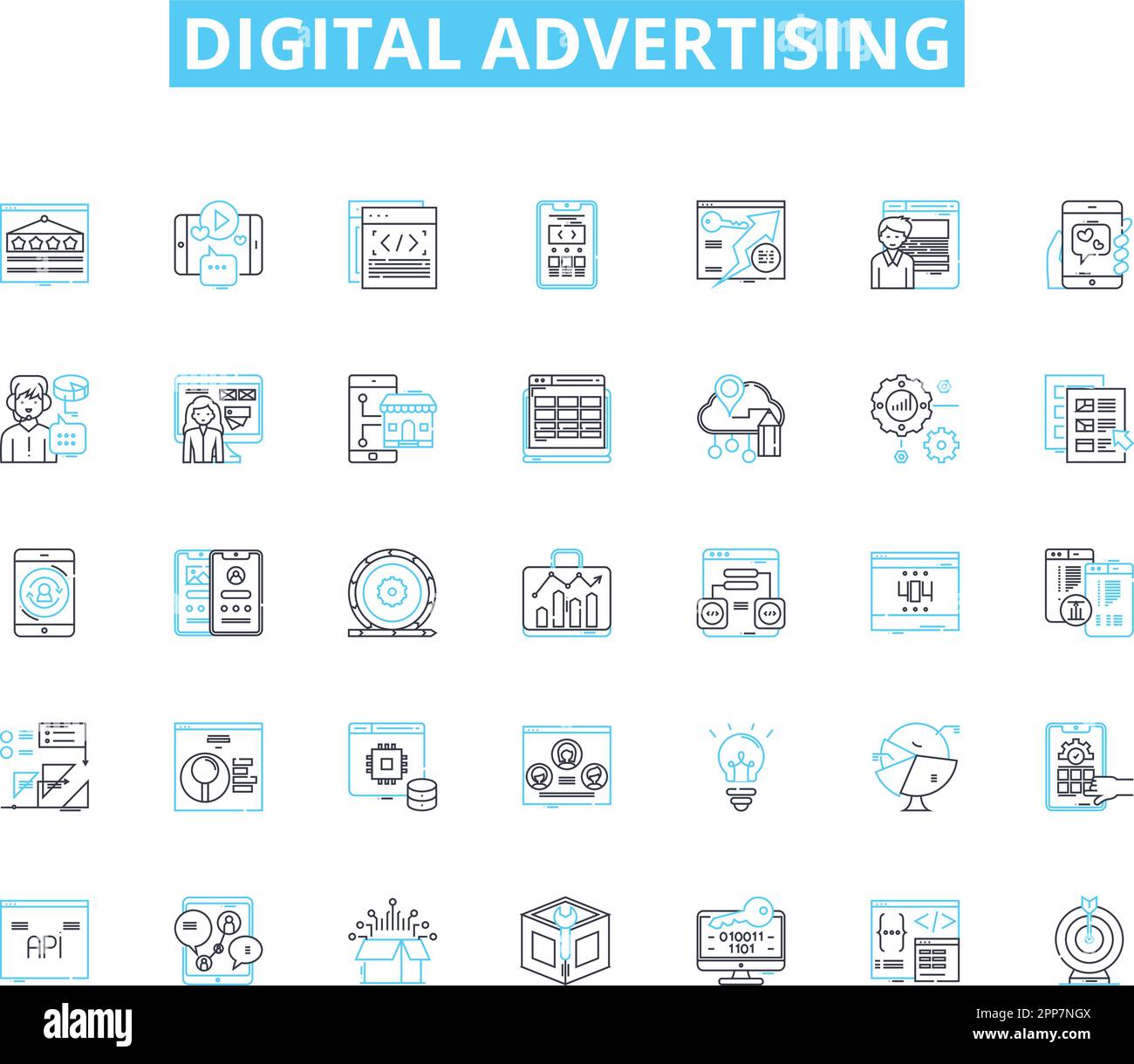 Lineare Symbole für digitale Werbung. Targeting, Strategie, Optimierung ...