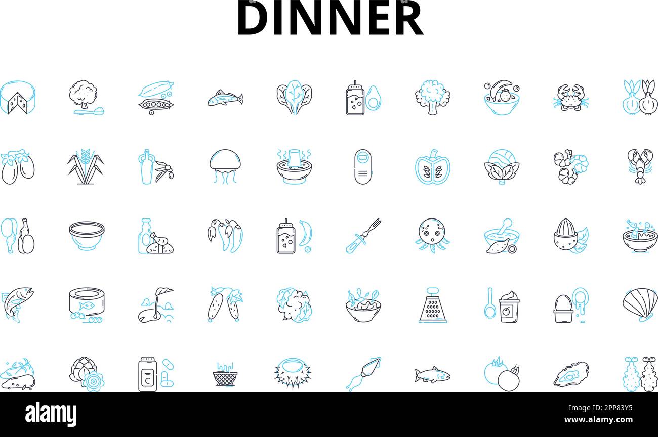 Dinner lineare Symbole gesetzt. Festmahl, Teller, Essen, Essen, Küche ...
