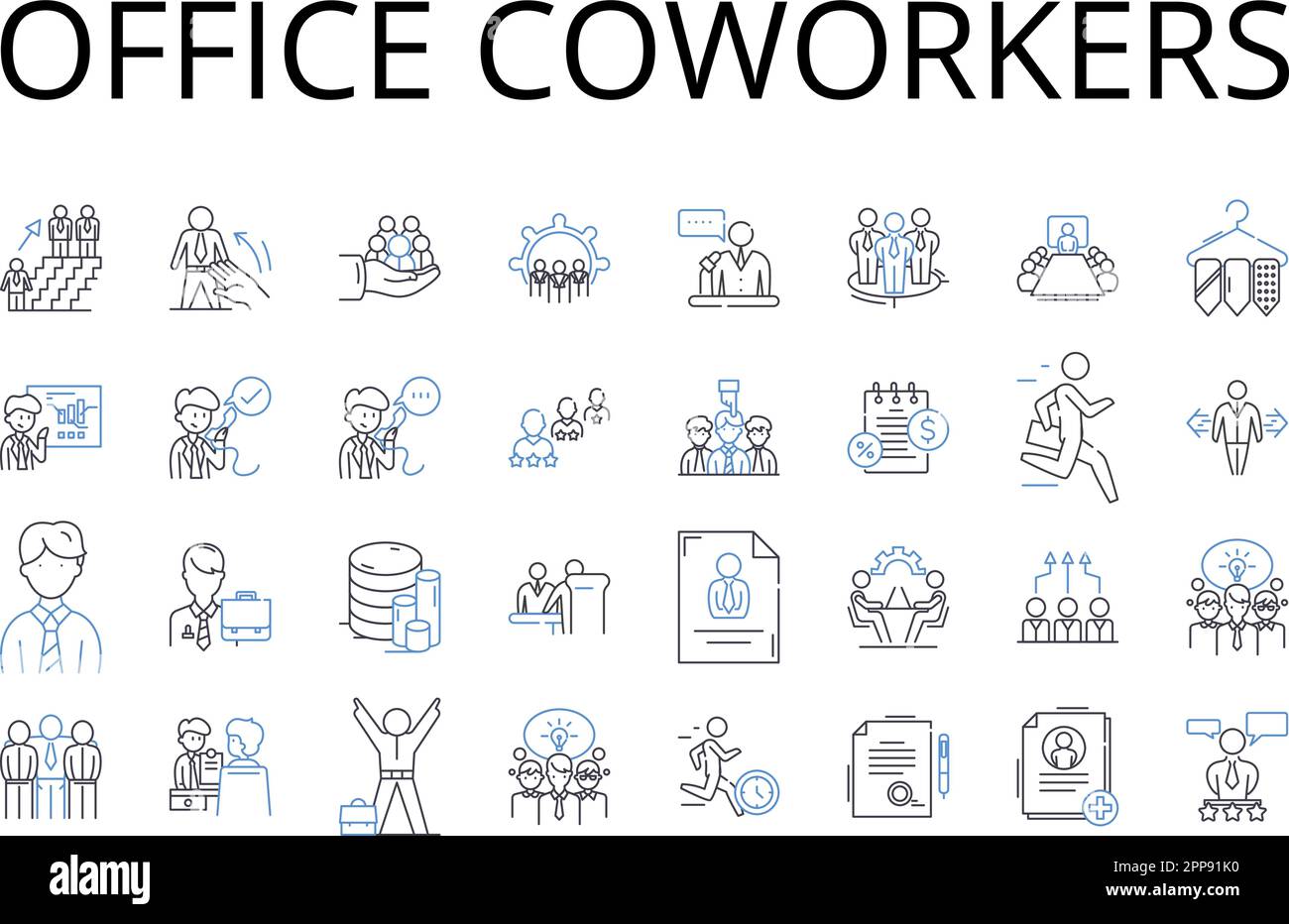 Kollektion mit Liniensymbolen für Büromitarbeiter. Arbeitskollegen, Kollegen am Schreibtisch ...