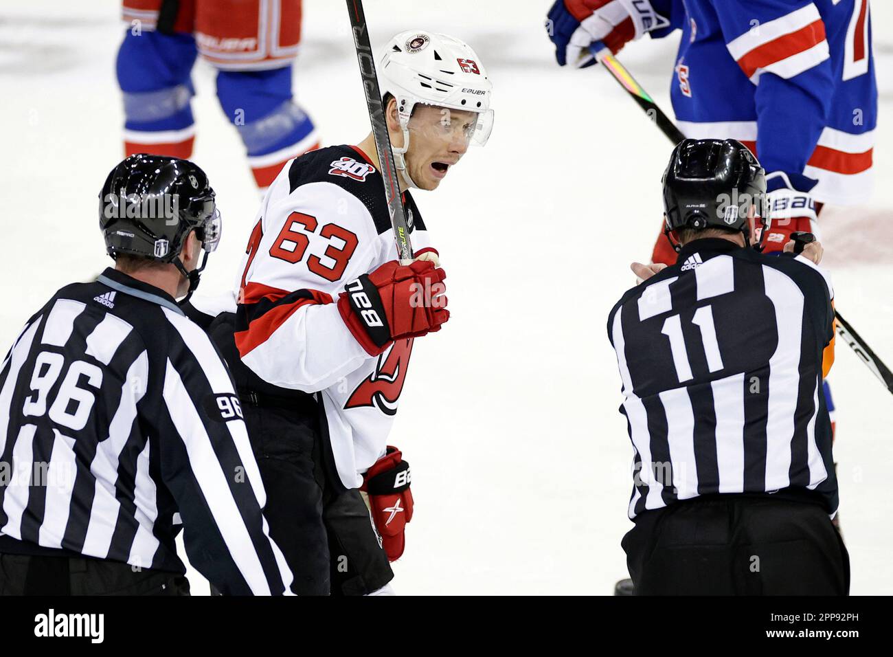 New Jersey Devils left wing Jesper Bratt (63) yells at referee Kelly ...