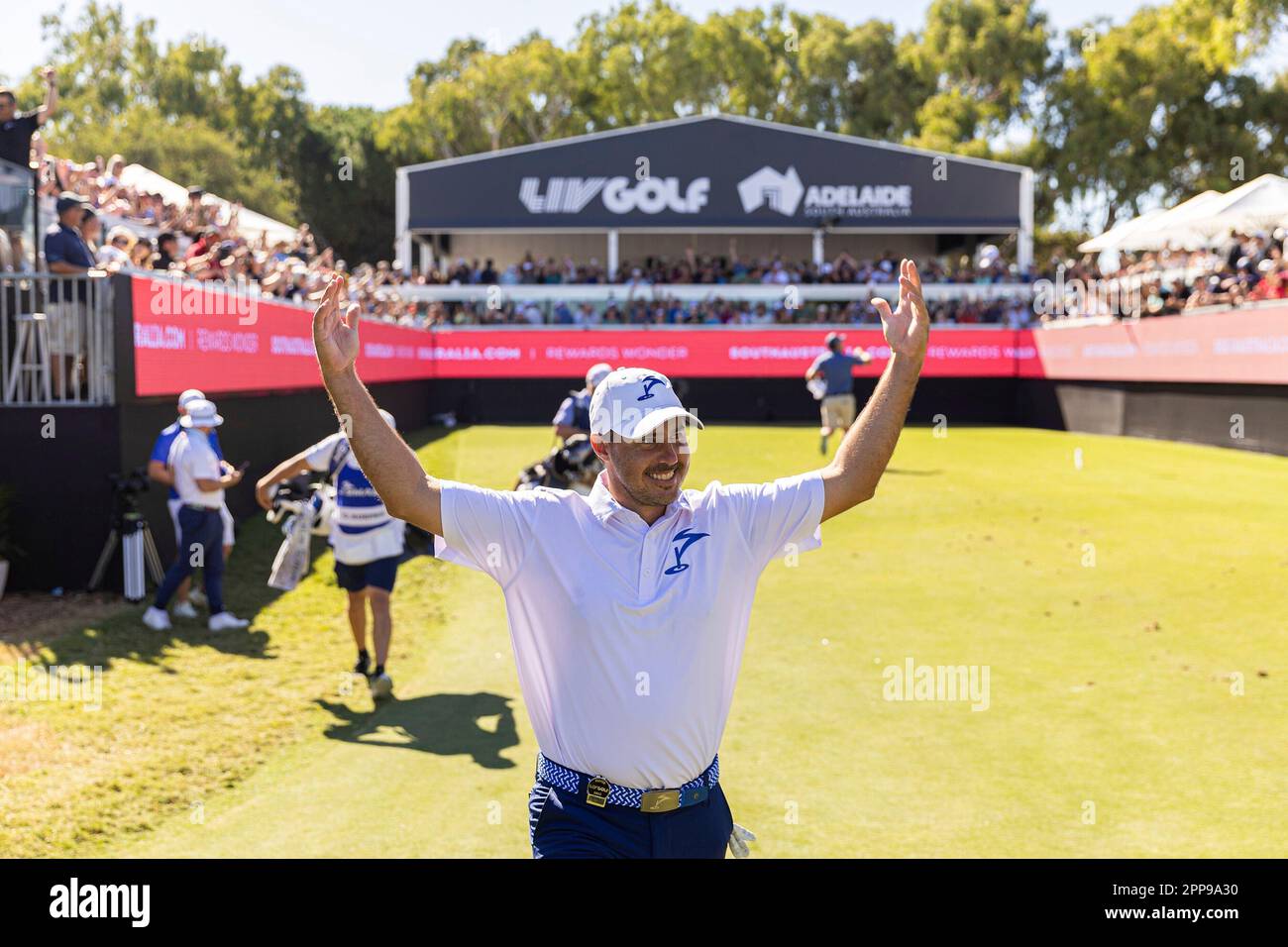 Chase Koepka of Smash GC reacts after making a hole-in-one on the 12th ...