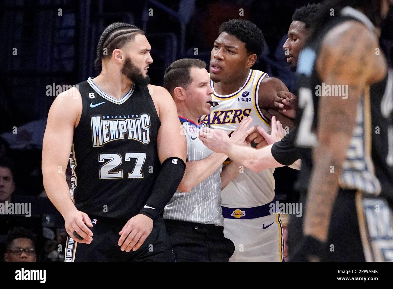 Memphis Grizzlies forward David Roddy, left, and forward Rui Hachimura ...