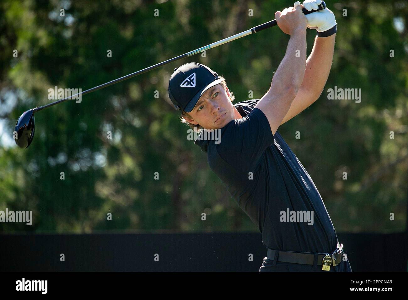 James Piot, of HyFlyers GC, hits from the ninth tee during the final ...