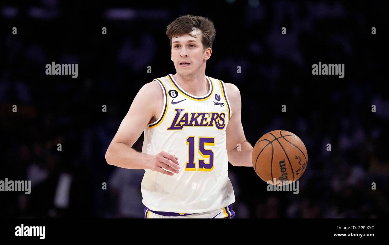 Los Angeles Lakers guard Austin Reaves dribbles during the first half ...