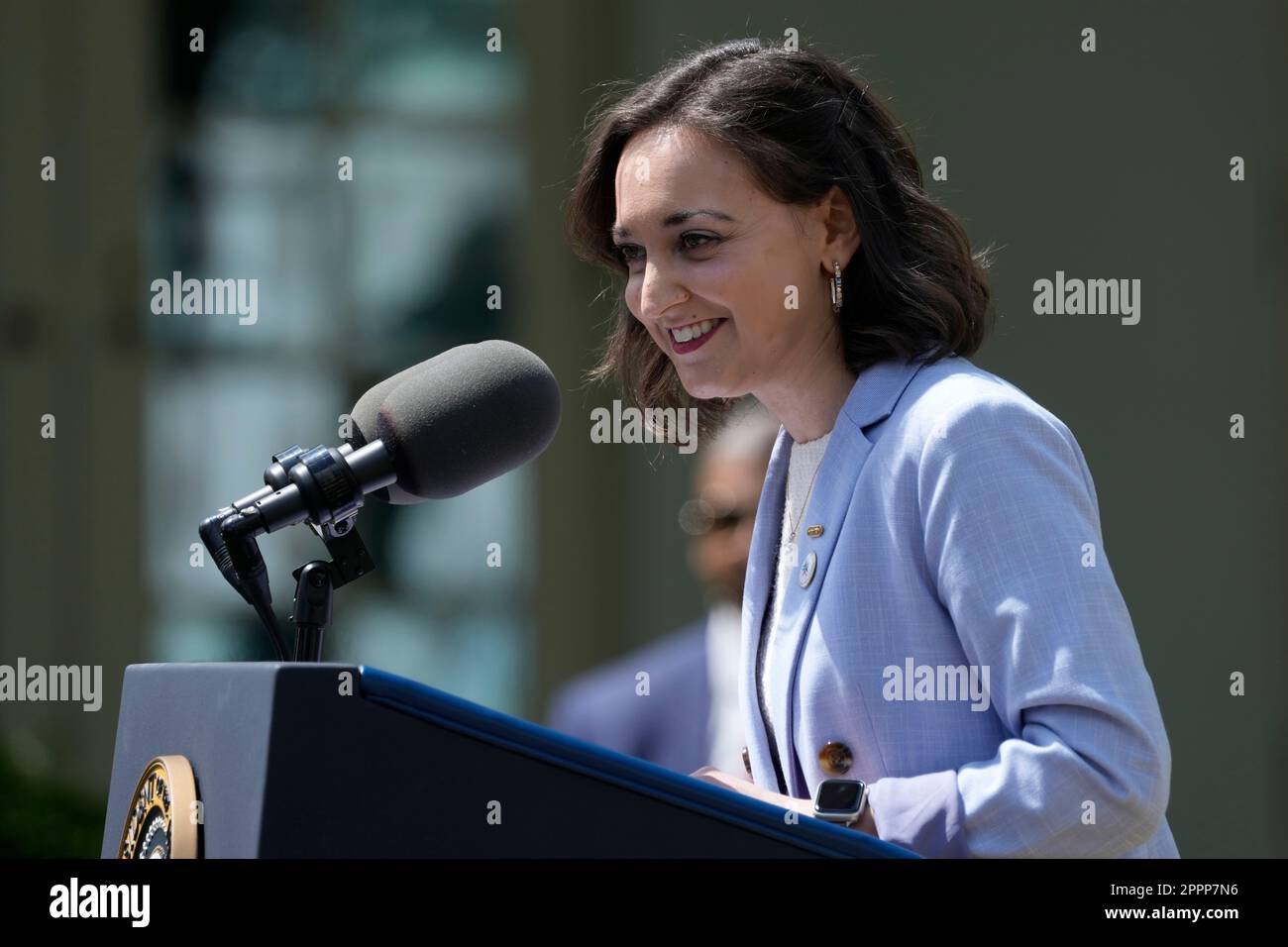 Rebecka Peterson, 2023 National Teacher of the Year, speaks before President Joe Biden, at a ...