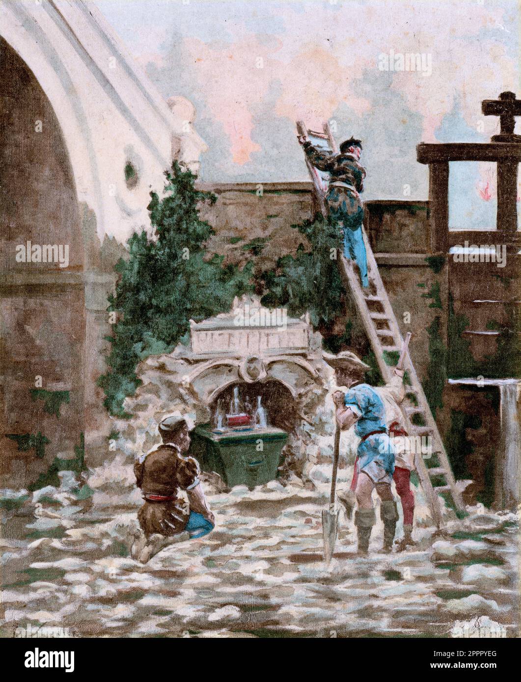 Eine alte Farblithographie, die eine Szene aus den Werken von Rabelais ... Eine alte Farblithographie, die eine Szene aus den Werken von Rabelais ...