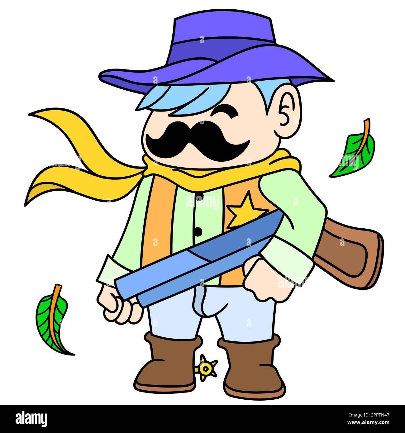 Ein Cowboy-Serif mit einem dicken Schnurrbart, der eine Schrotflinte ...