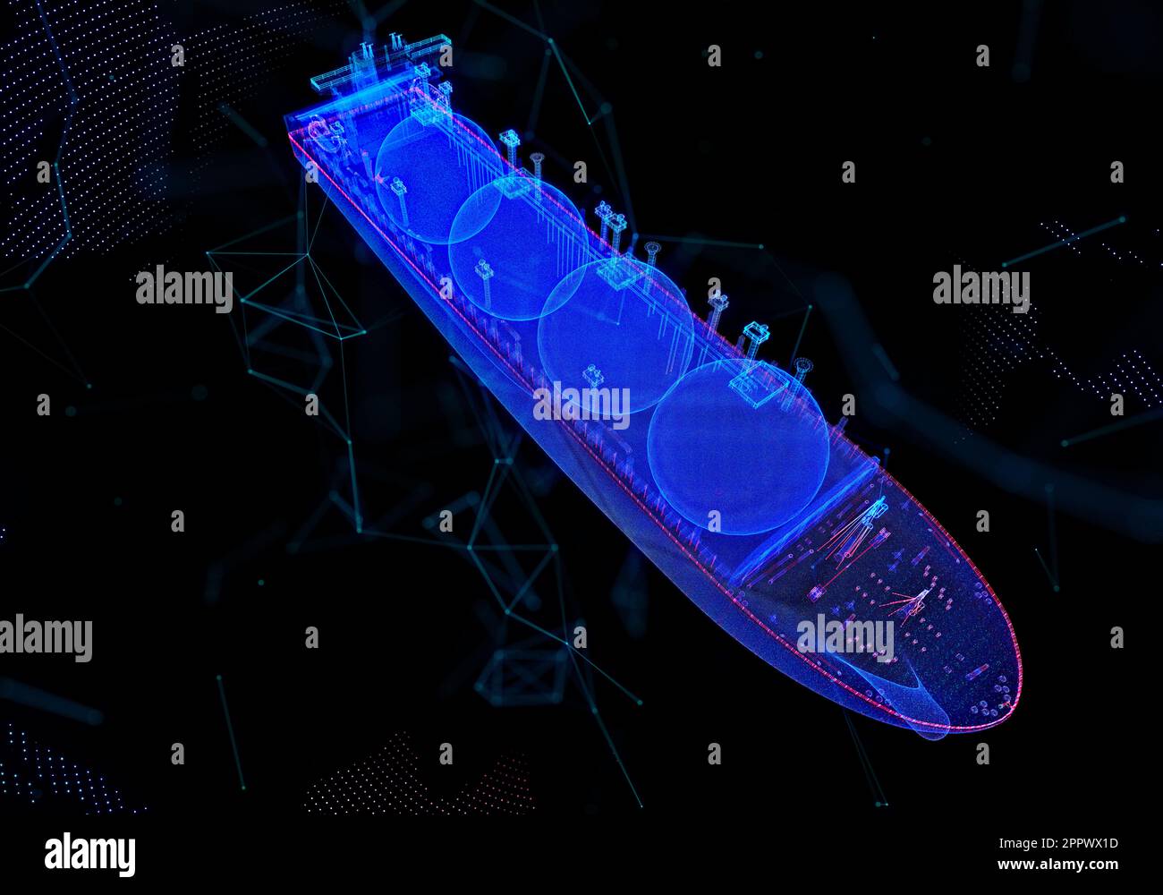 Gastanker LNG. Blaue Partikel und Linien vom Gastanker modell 3D ...