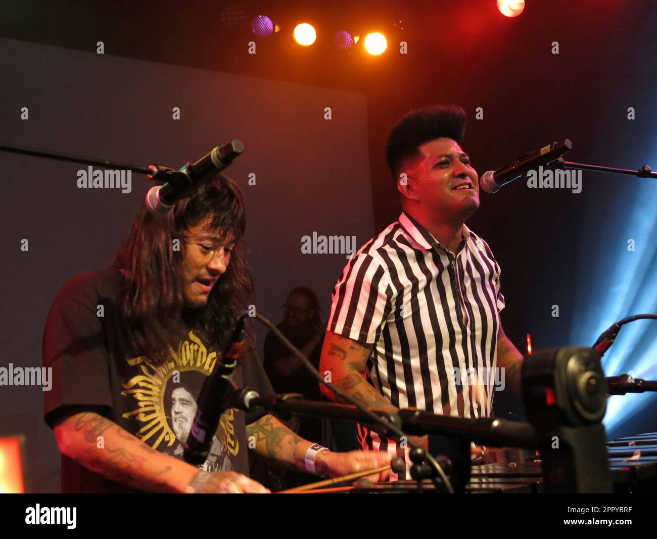 Members of the Mexican fusion band Son Rompe Pera, Jose Angel "Kacho ...