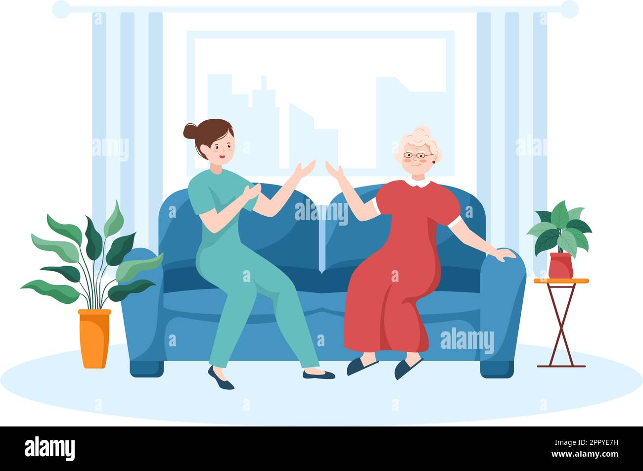 Altenpflege Handgezeichnete Cartoon flache Illustration mit ...