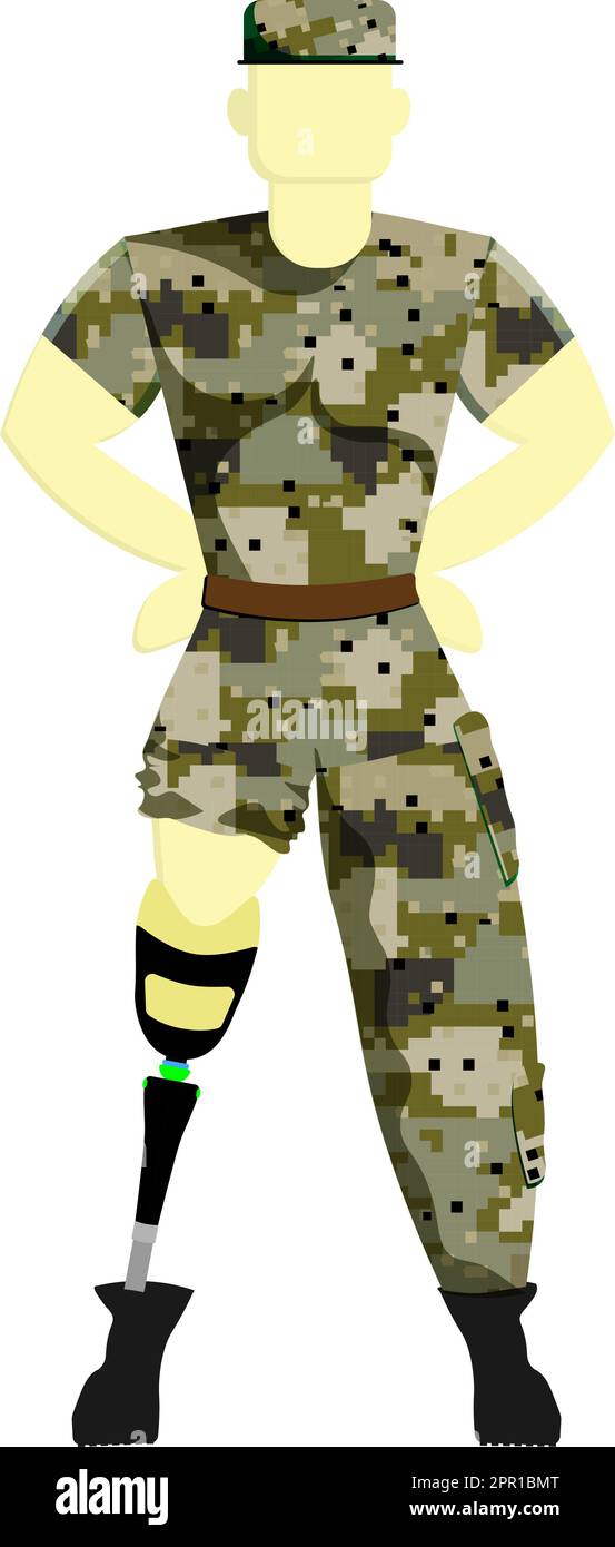 Soldat auf einer Prothese in Militäruniform. Behinderte Person mit ...
