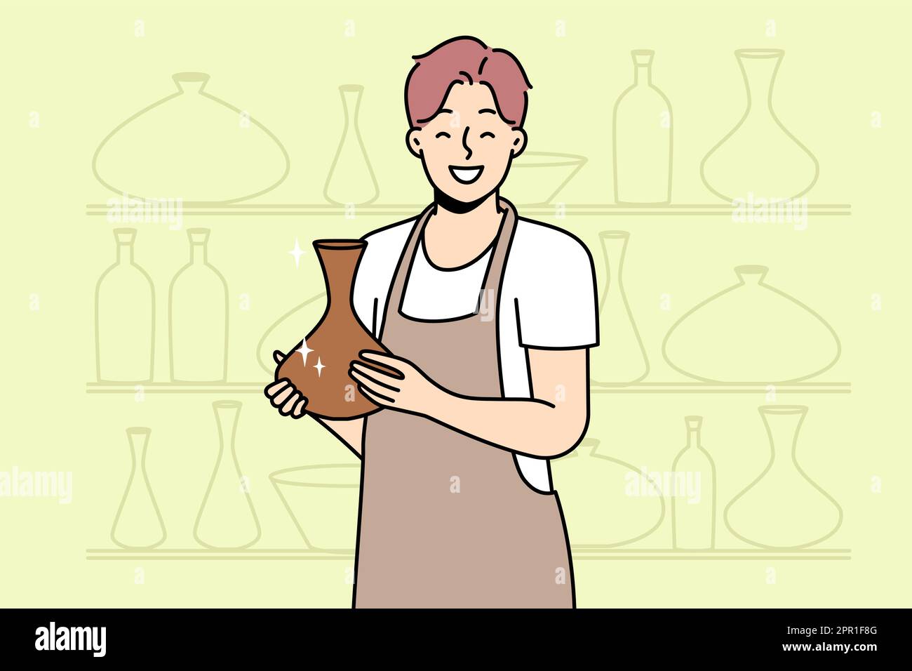 Der Töpfer in der Schürze hält die Kanne, die in der Töpferwerkstatt ...