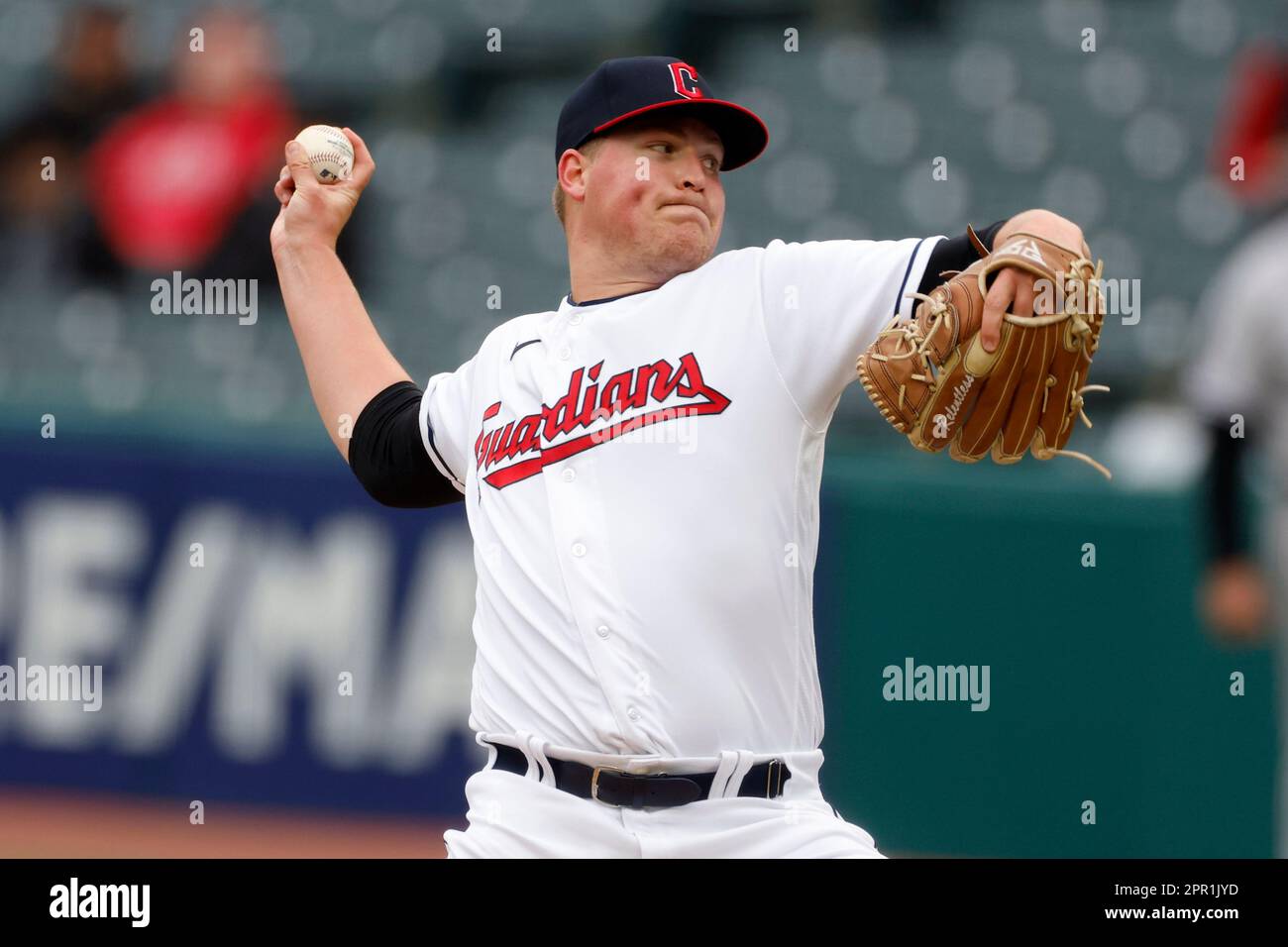 Cleveland Guardians starting pitcher Peyton Battenfield delivers ...