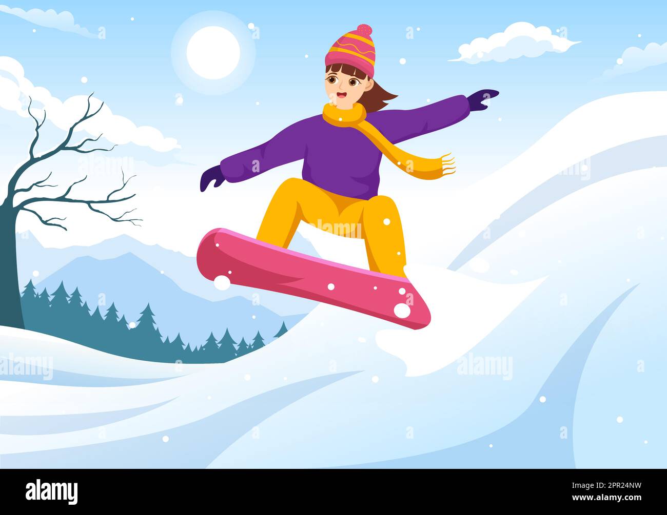 Snowboarden mit Menschen, die auf der Snowy Mountain Side oder am Hang ...