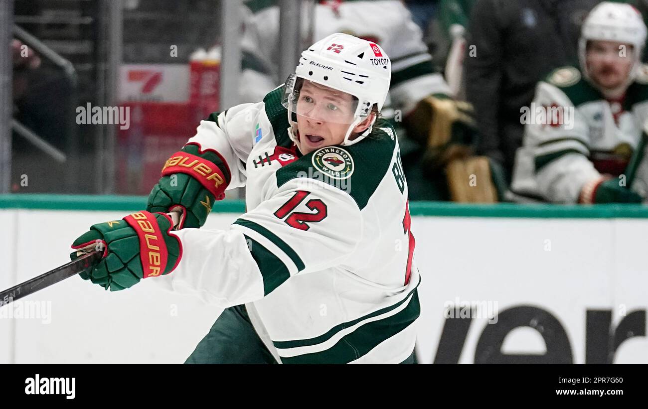Minnesota Wild left wing Matt Boldy takes a shot during Game 5 of an ...