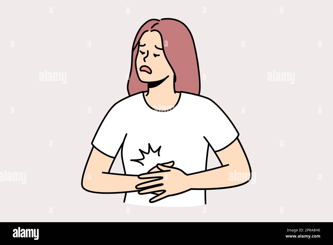 Eine ungesunde junge Frau leidet unter akuten Magenschmerzen. Unwohl ...