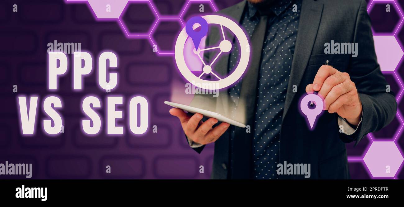 Konzeptionelle Beschriftung PPC vs. Seo. Konzept bedeutet Bezahlung per ...