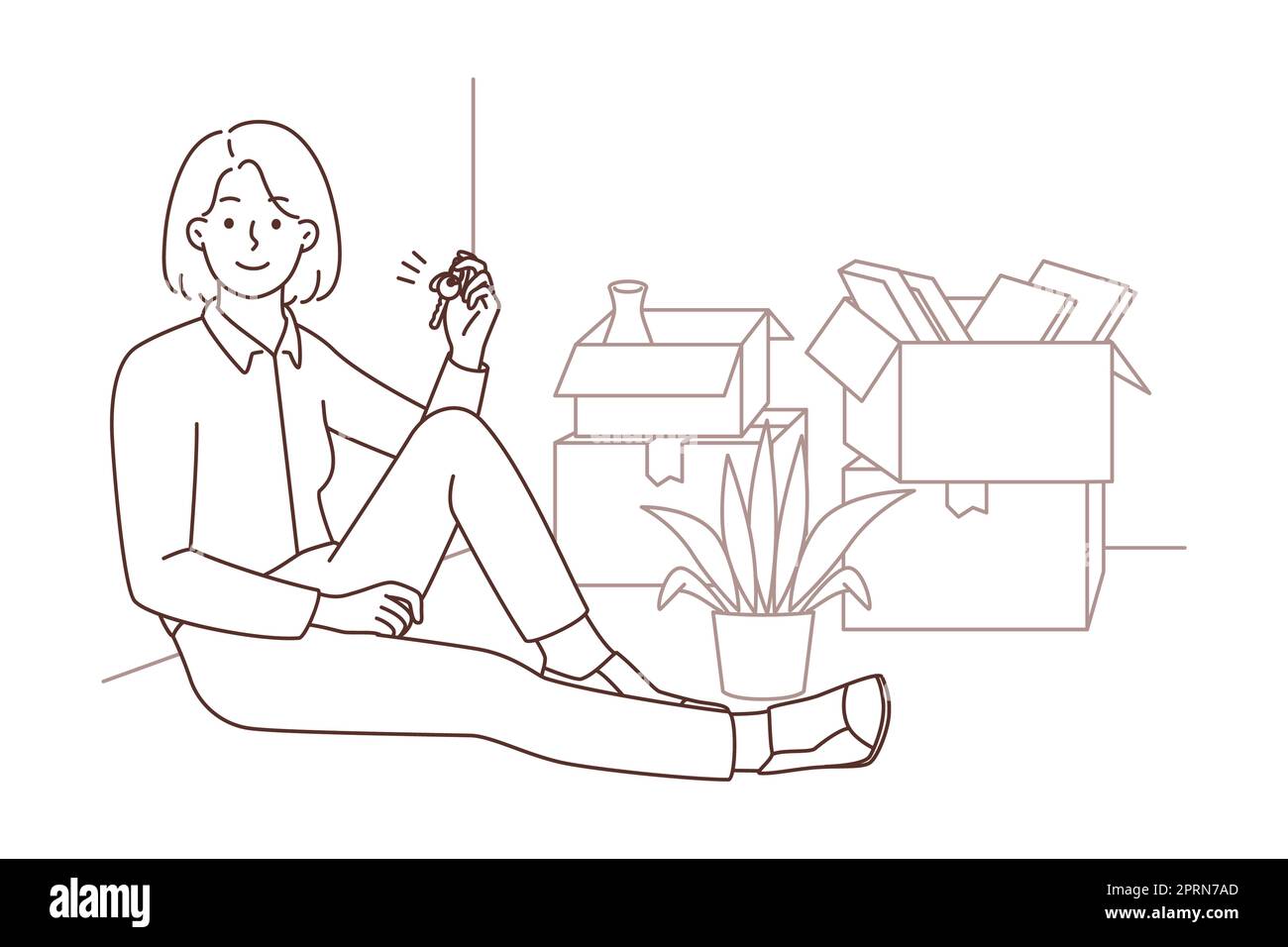 Glückliche Mieterin sitzt auf dem Boden in der eigenen Wohnung und hält ...