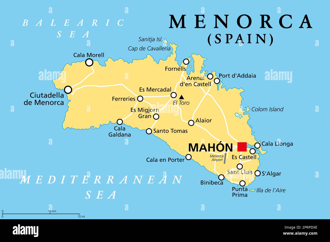 Menorca, oder Minorca, politische Karte, mit Hauptstadt Mahon oder Port ...