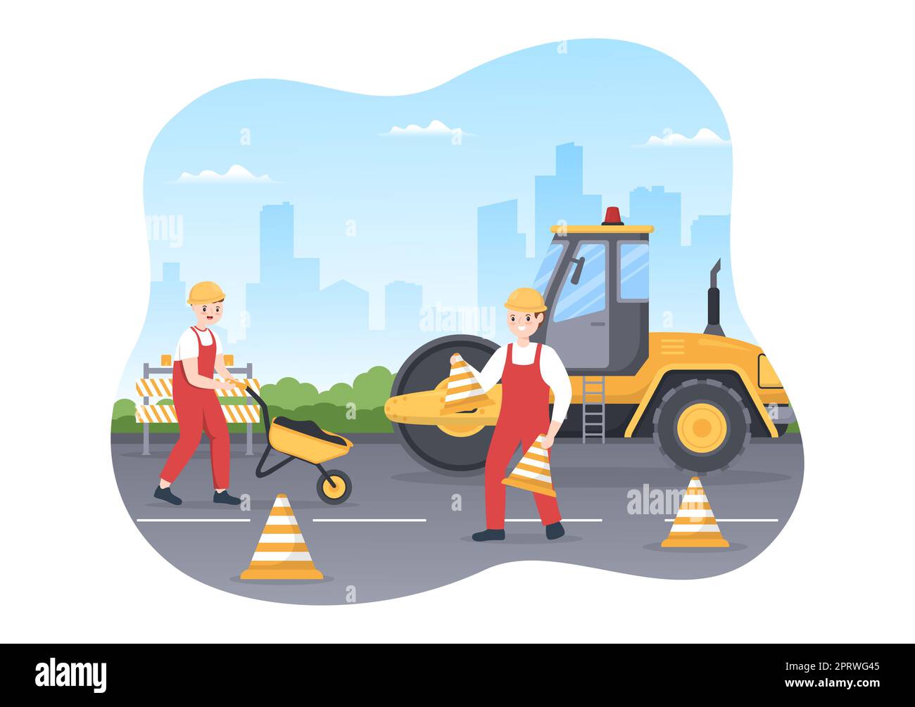 Straßenbau und Straßenwartung Arbeiter arbeiten auf Asphalt Straßen mit ...