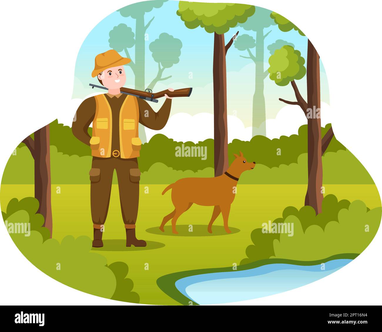 Jäger mit Jagdgewehr oder Waffe Schießen auf Vögel oder Tiere im Wald ...