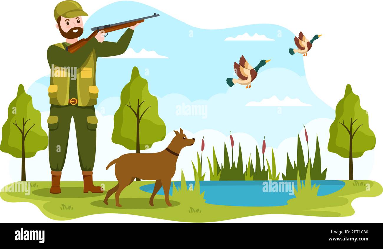 Jäger mit Jagdgewehr oder Waffe Schießen auf Vögel oder Tiere im Wald ...