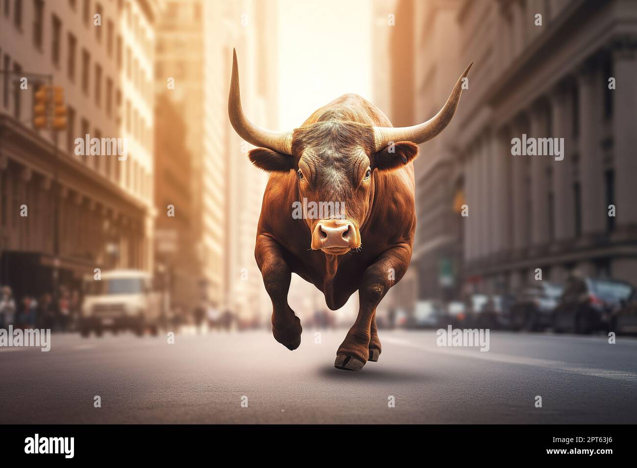 Bullenmarkt, ein brauner Bulle fließt mächtig durch eine breite Straße ...