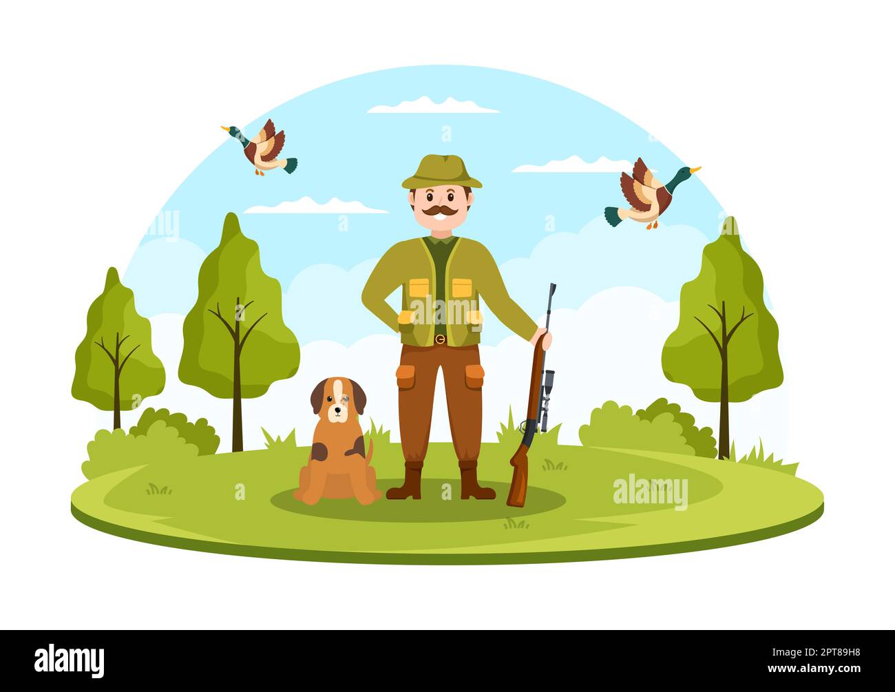 Jäger mit Jagdgewehr oder Waffe Schießen auf Vögel oder Tiere im Wald ...
