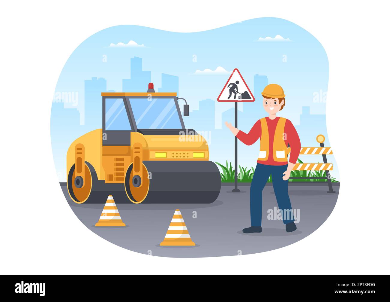 Straßenbau und Straßenwartung Arbeiter arbeiten auf Asphalt Straßen mit ...