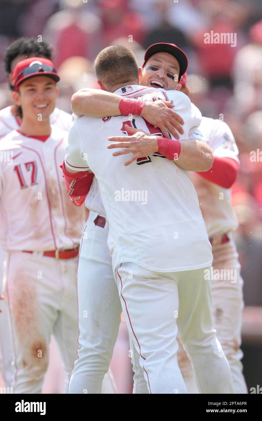 Cincinnati Reds' Nick Senzel celebrates with teammates after hitting a ...