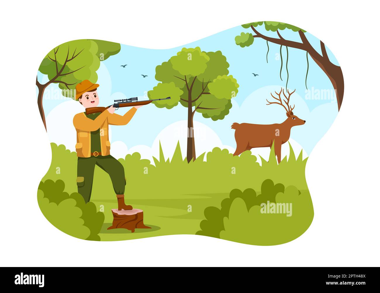 Jäger mit Jagdgewehr oder Waffe Schießen auf Vögel oder Tiere im Wald ...