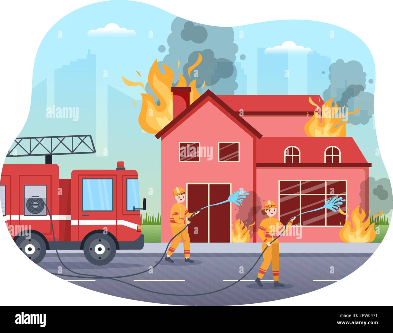 Feuerwehr mit Feuerwehrleuten, die Haus, Wald löschen und Menschen in ...