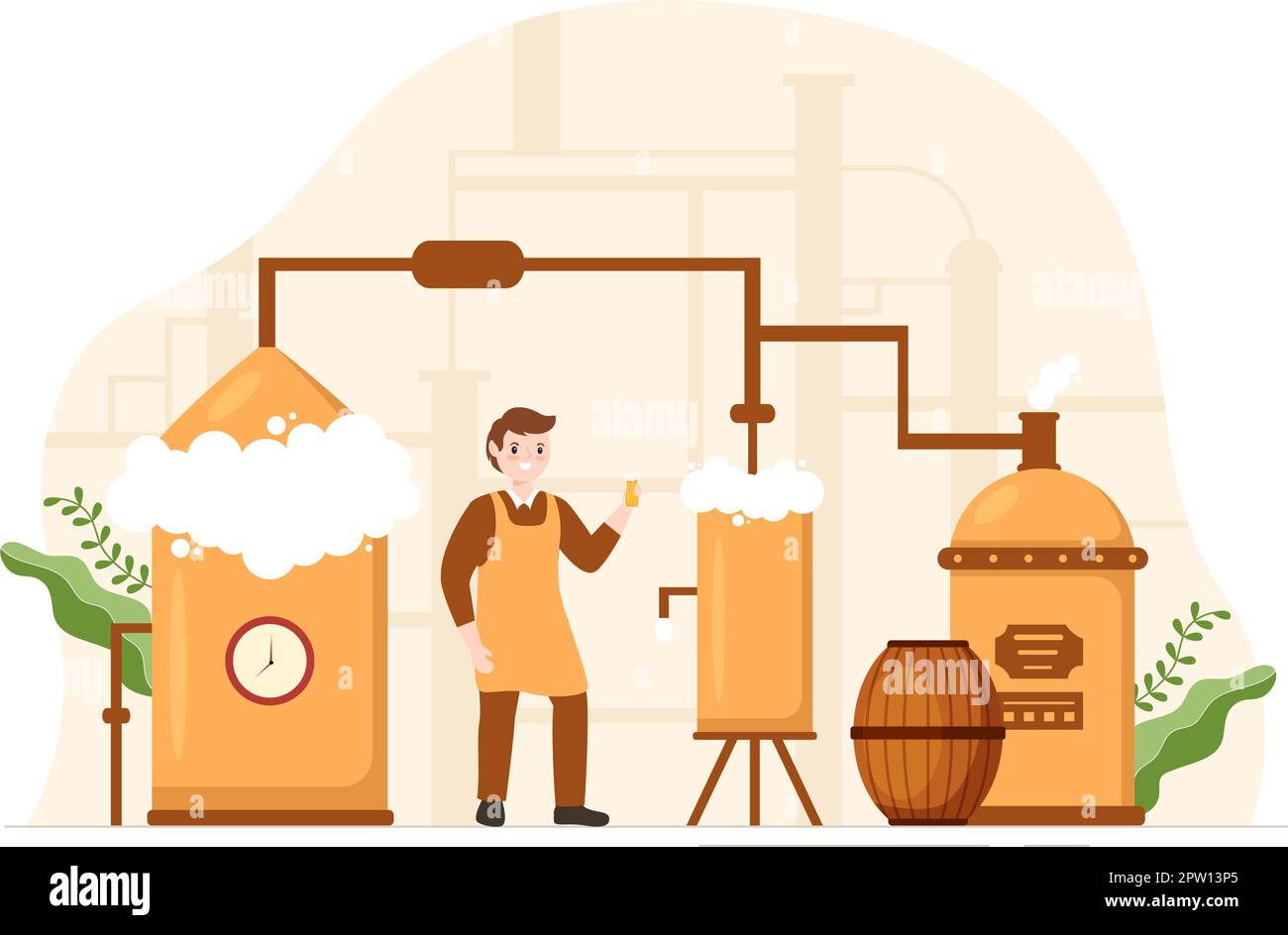 Brauereiproduktionsprozess mit Biertank und Flasche voll Alkoholgetränk ...