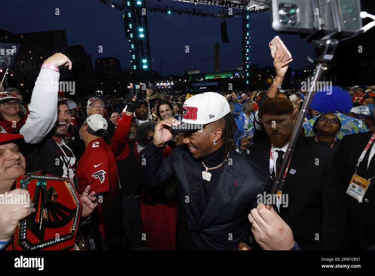 Texas Running back Bijan Robinson poses with the Atlanta Falcons fans ...