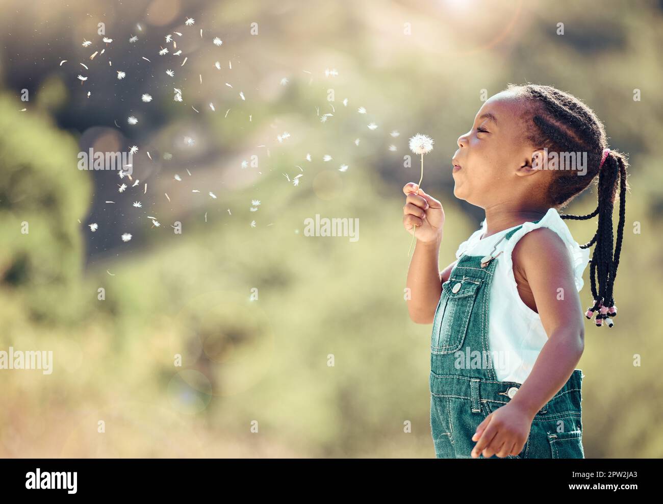 Glückliches kleines afroamerikanisches Mädchen, das draußen eine Blume ...