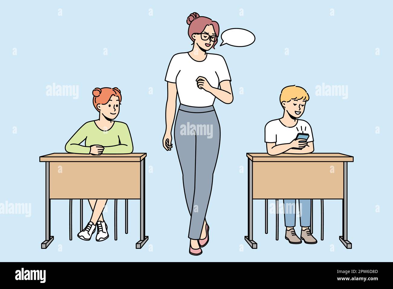 Der Lehrer macht eine Bemerkung zu einem Schuljungen, der im ... Der Lehrer macht eine Bemerkung zu einem Schuljungen, der im ...