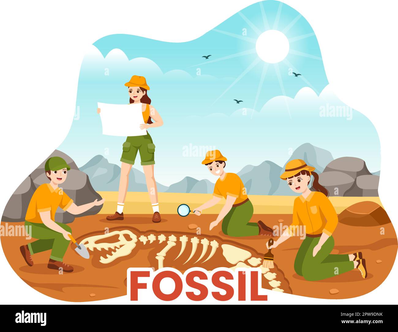 Fossil Illustration mit Archäologen findet Dinosaurier-Skelette auf ...