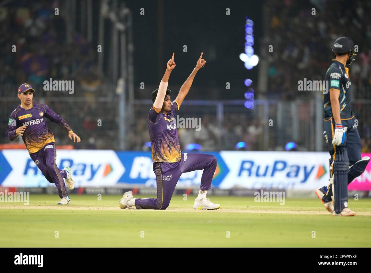 Kolkata Knight Riders' Harshit Rana celebrates the wicket of Gujarat ...