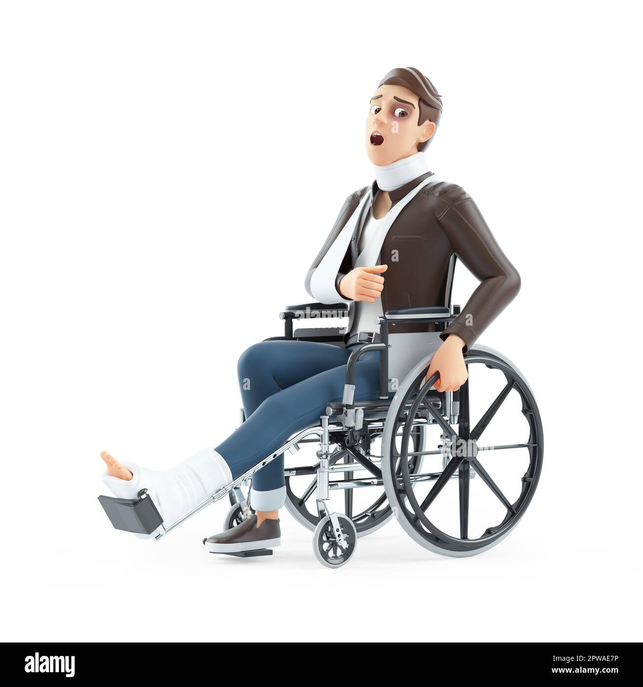 3D Cartoon-Mann, der nach einem Unfall im Rollstuhl sitzt, Darstellung ...
