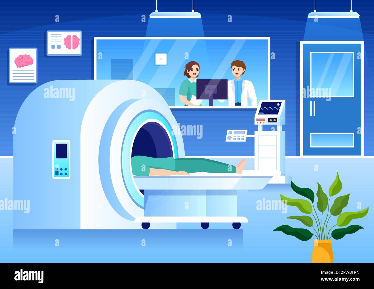 MRT- oder Magnetresonanztomographie-Illustration mit Arzt und Patient ...