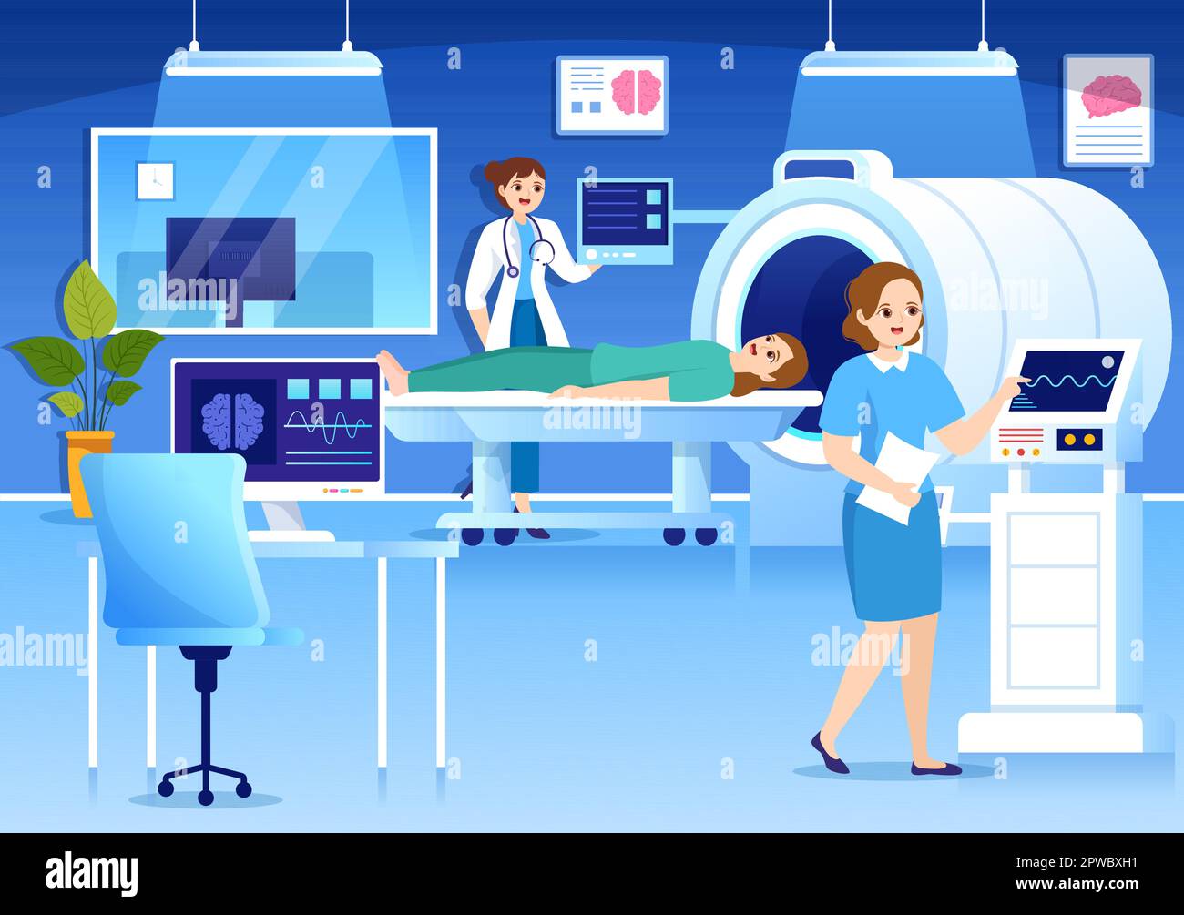 MRT- oder Magnetresonanztomographie-Illustration mit Arzt und Patient ...