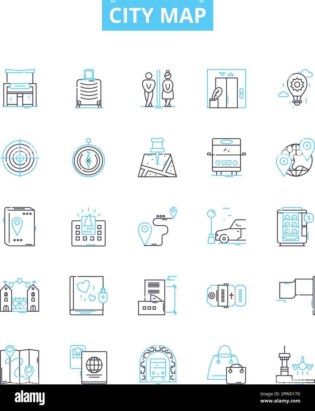 Vektorliniensymbole für Stadtpläne festgelegt. Stadt, Karte, Stadt ...