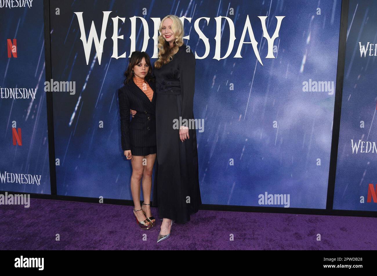 Jenna Ortega, left, and Gwendoline Christie attend a photo call with ...