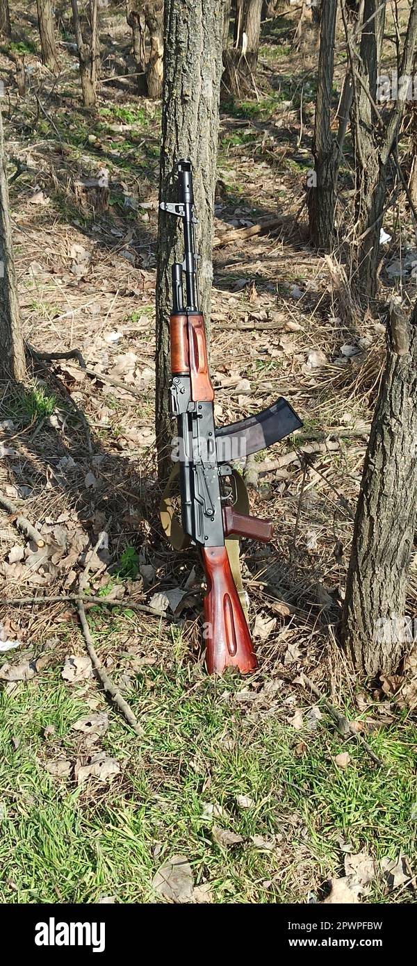 kalaschnikow Sturmgewehr ak74n steht am Baum. AK-74. Sturmgewehr. Sowjetische Waffe. Sturmgewehr ...