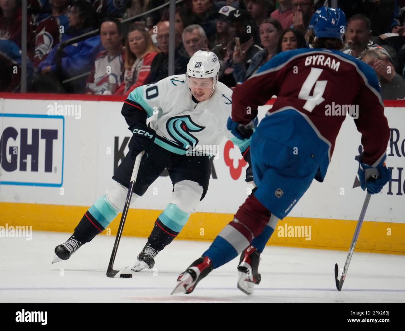 Seattle Kraken right wing Eeli Tolvanen (20) ansd Colorado Avalanche ...