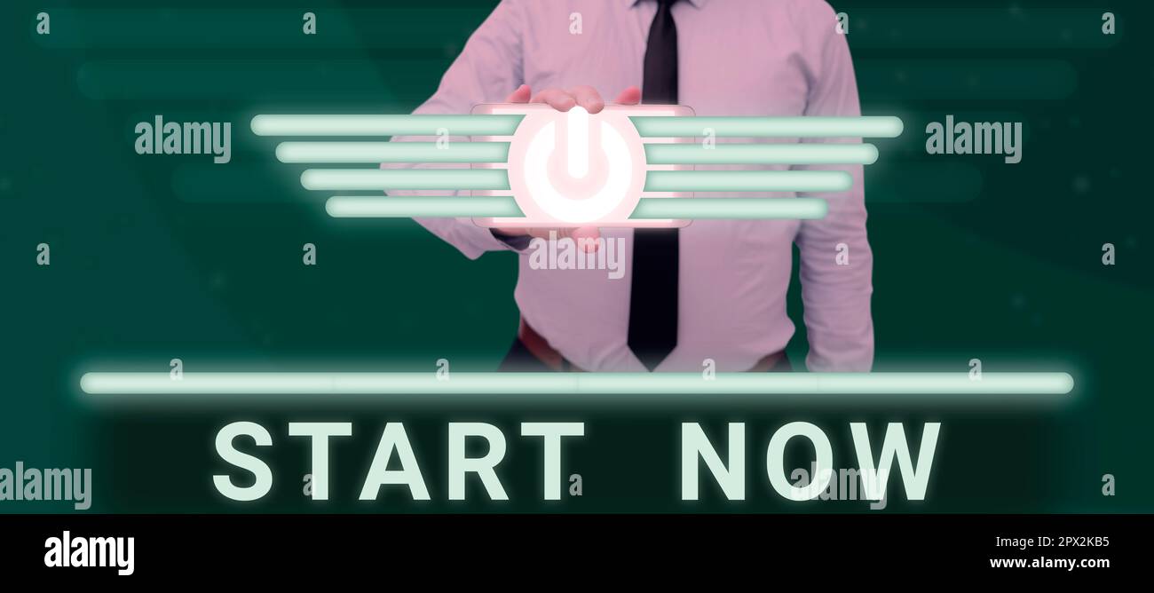 Handschriftlicher Text Start Now, Word für zögern Sie nicht, sofort mit ...